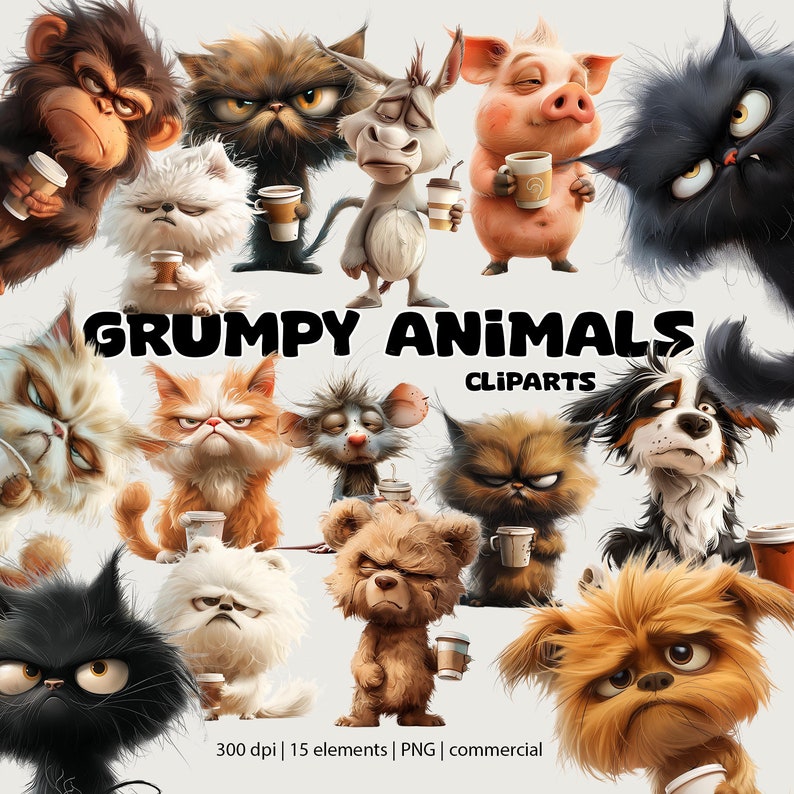 Animal Clipart, Grumpy Animal, Cat, Dog, Funny, Coffee, Clipart Bundle ...