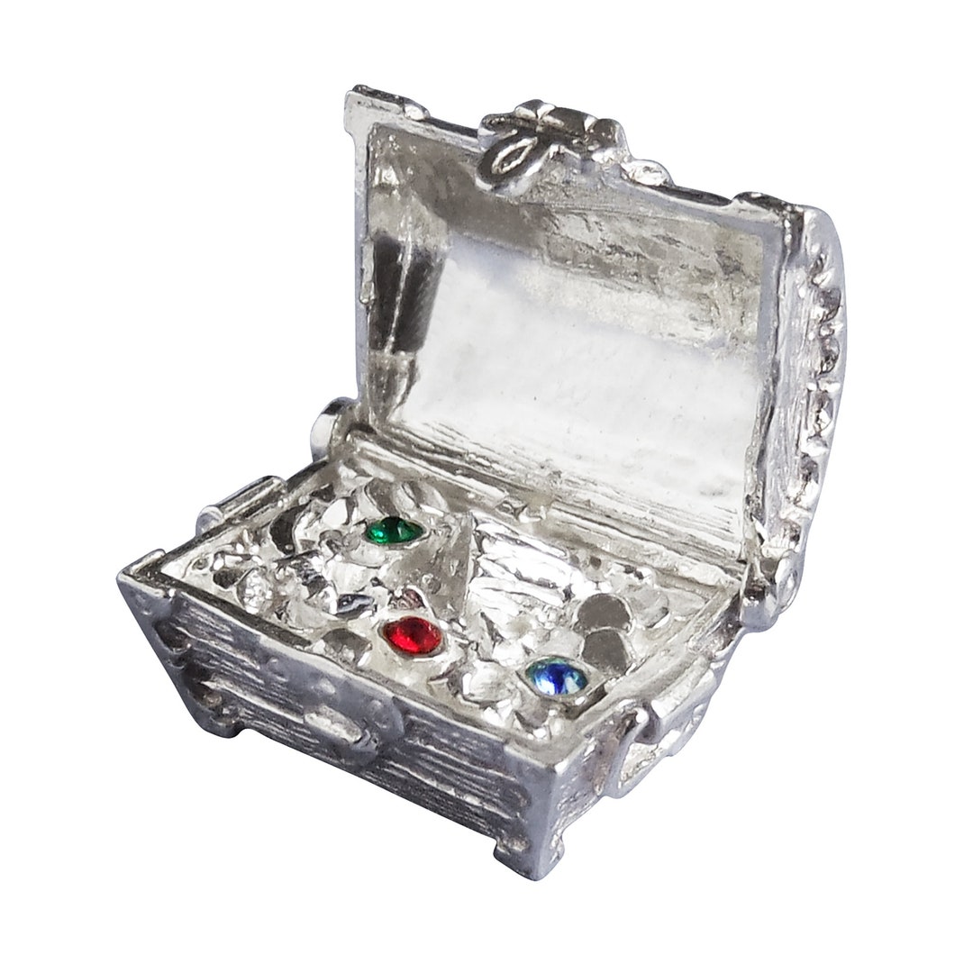 Sterling Silver Treasure Chest Charm: Pirate Jewelry Box With Crystals ...
