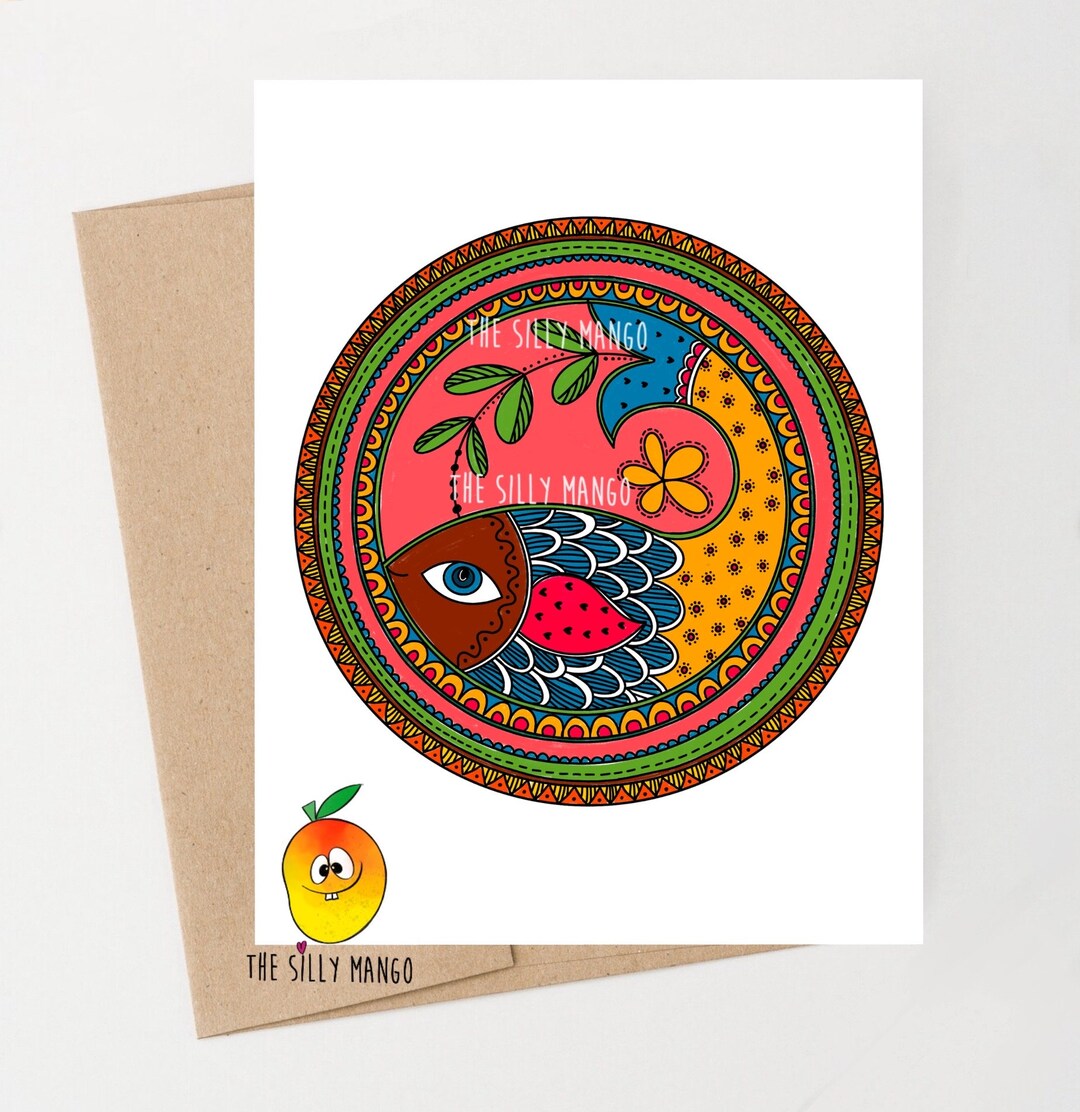 Madhubani Fish Note Card, South Asian Art Print, Unique Indian Painting ...