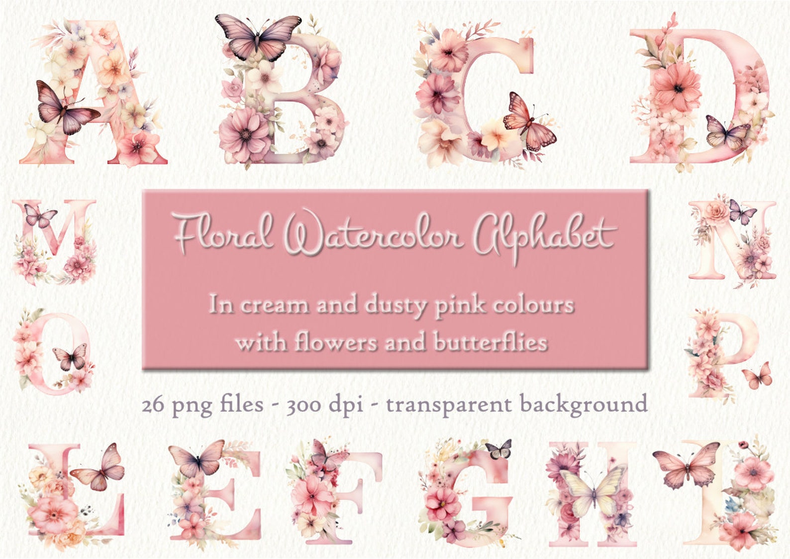 Watercolor Floral Alphabet Clipart Png Letters With Dusty Flowers and ...