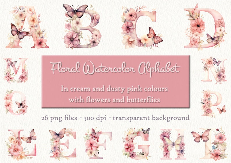Watercolor Floral Alphabet Clipart Png Letters With Dusty Flowers and ...