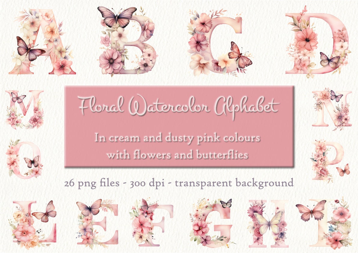Watercolor Floral Alphabet Clipart Png Letters With Dusty Flowers and ...