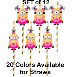 Pink Minions Party Straws (set of 12) Girl Minion Straws Pre-assembled ...