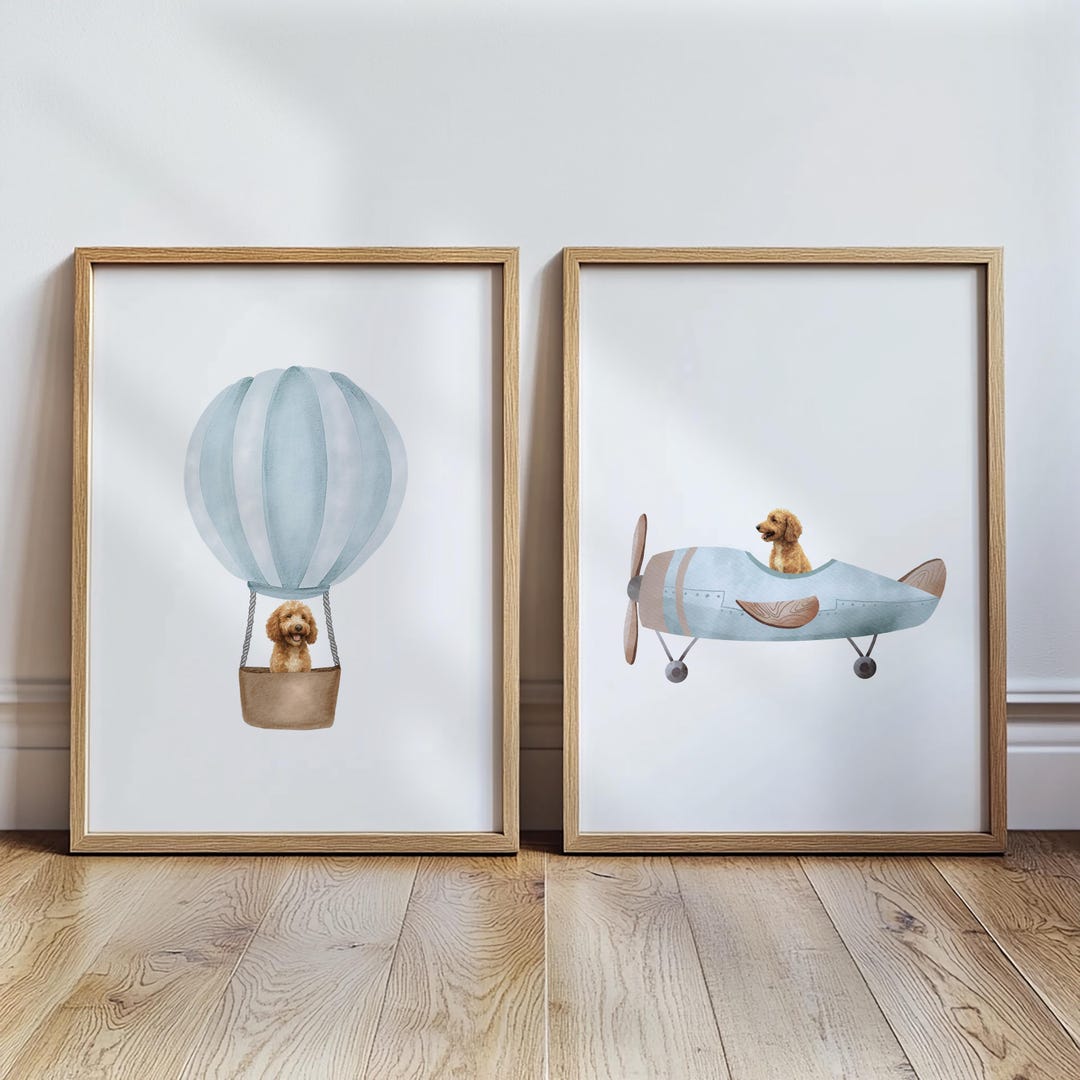 Groodle Hot Air Balloon Nursery Print Set of Two, Airplane Theme Kids ...