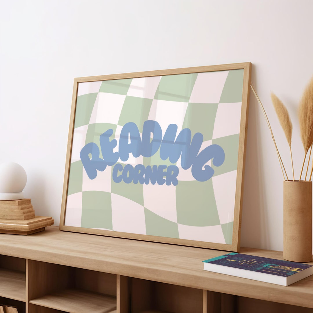 Reading Corner Art Print, Blue Green Checker Decor (digital Download ...