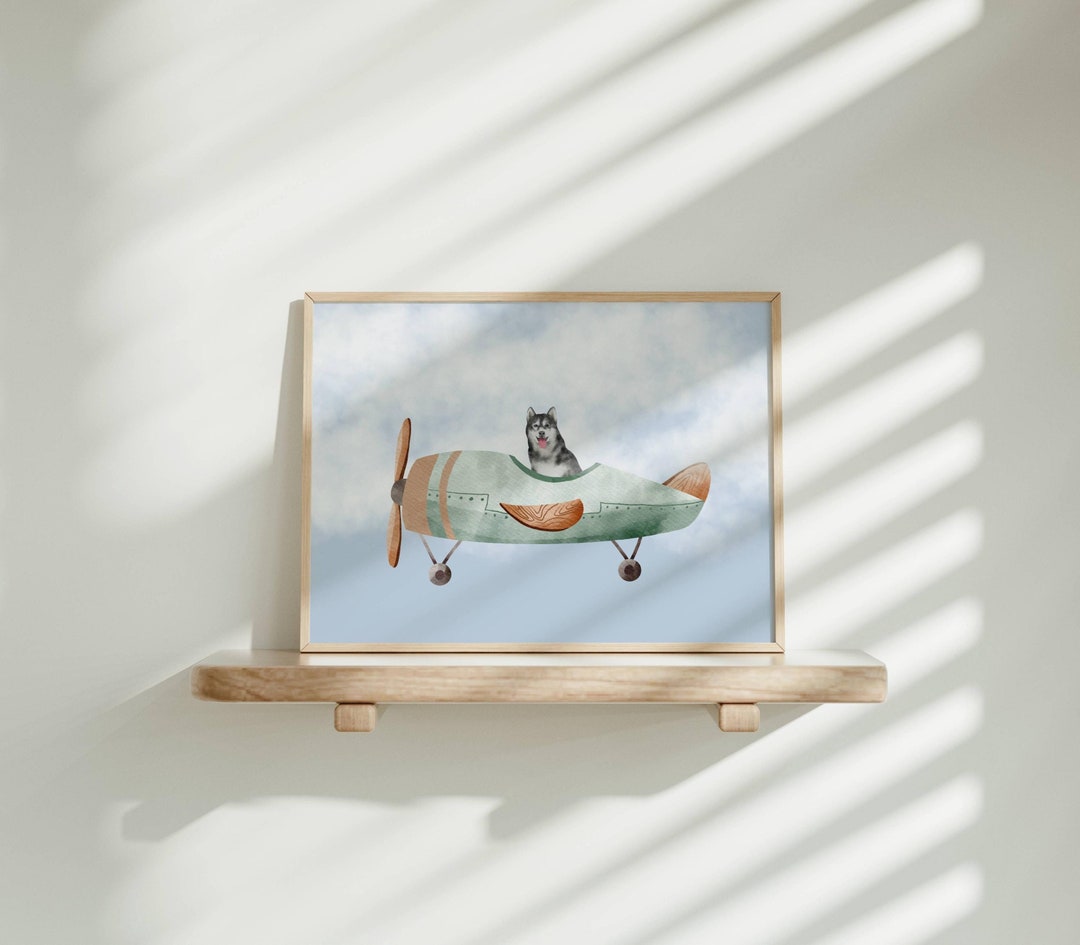 Dog Airplane Nursery Print, Husky Pilot Kids Room Decor (digital ...