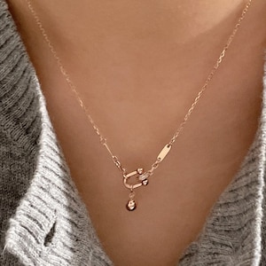 14K Solid Gold Shackle Chain Necklace Ball Dangle Charm Necklace Choker ...