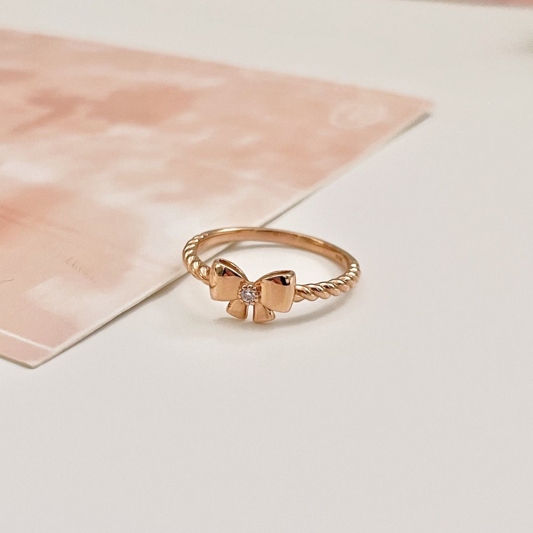 14K Solid Gold Bow Ring Minimalist Rings Classic Little Bow Ring Work Simple Ribbon Ring Daily ...