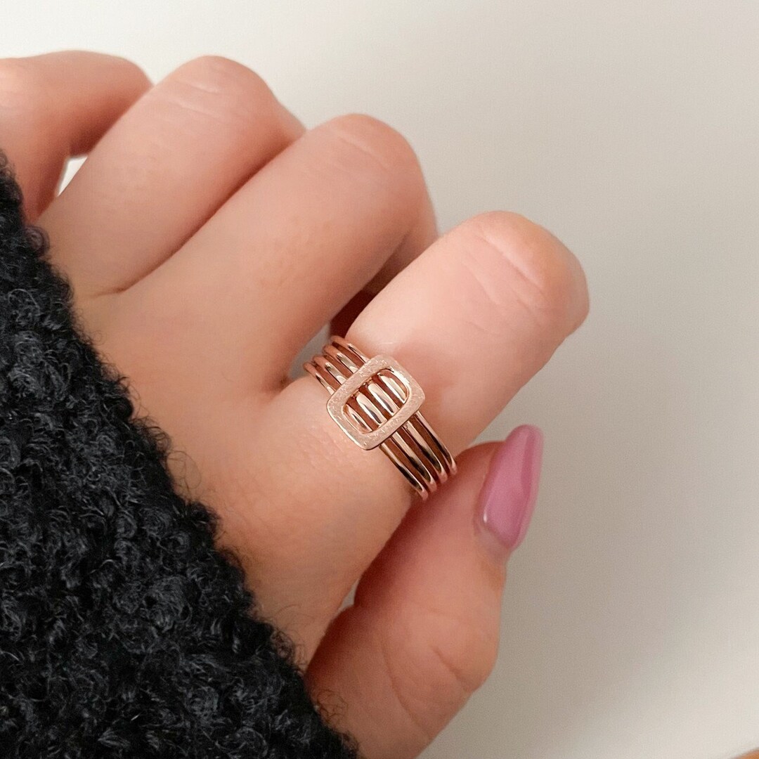 14K Solid Gold Chunky Triplet Row Ring Rectangular Unique Design Ring ...