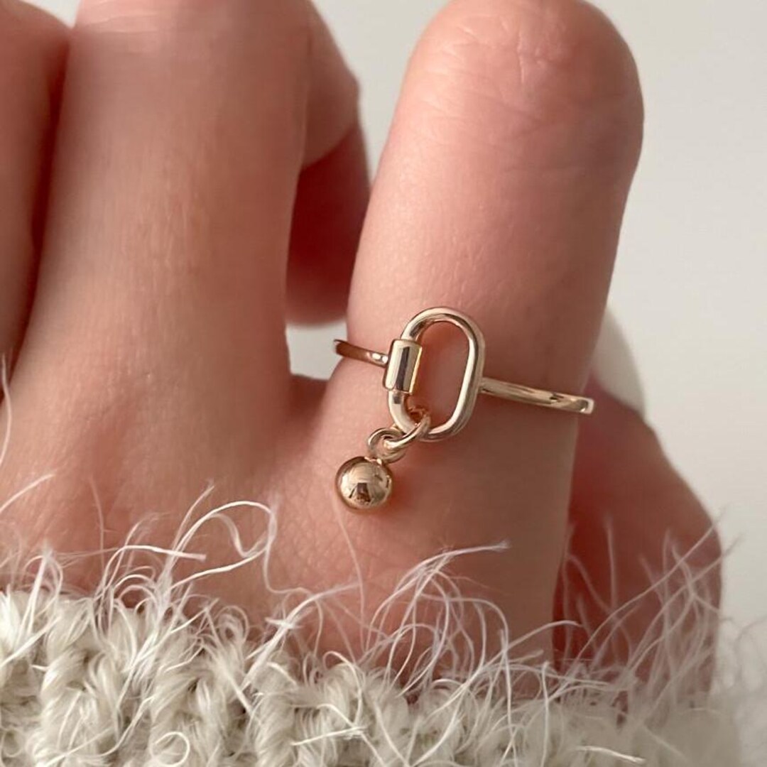 14K Solid Gold Ball Charm Ring Minimalist Dangle Ring Daily Ring Free ...