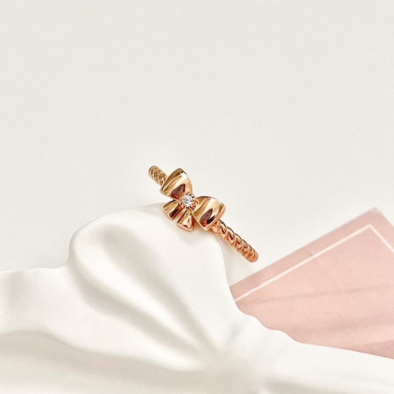 14K Solid Gold Bow Ring Minimalist Rings Classic Little Bow Ring Work Simple Ribbon Ring Daily ...