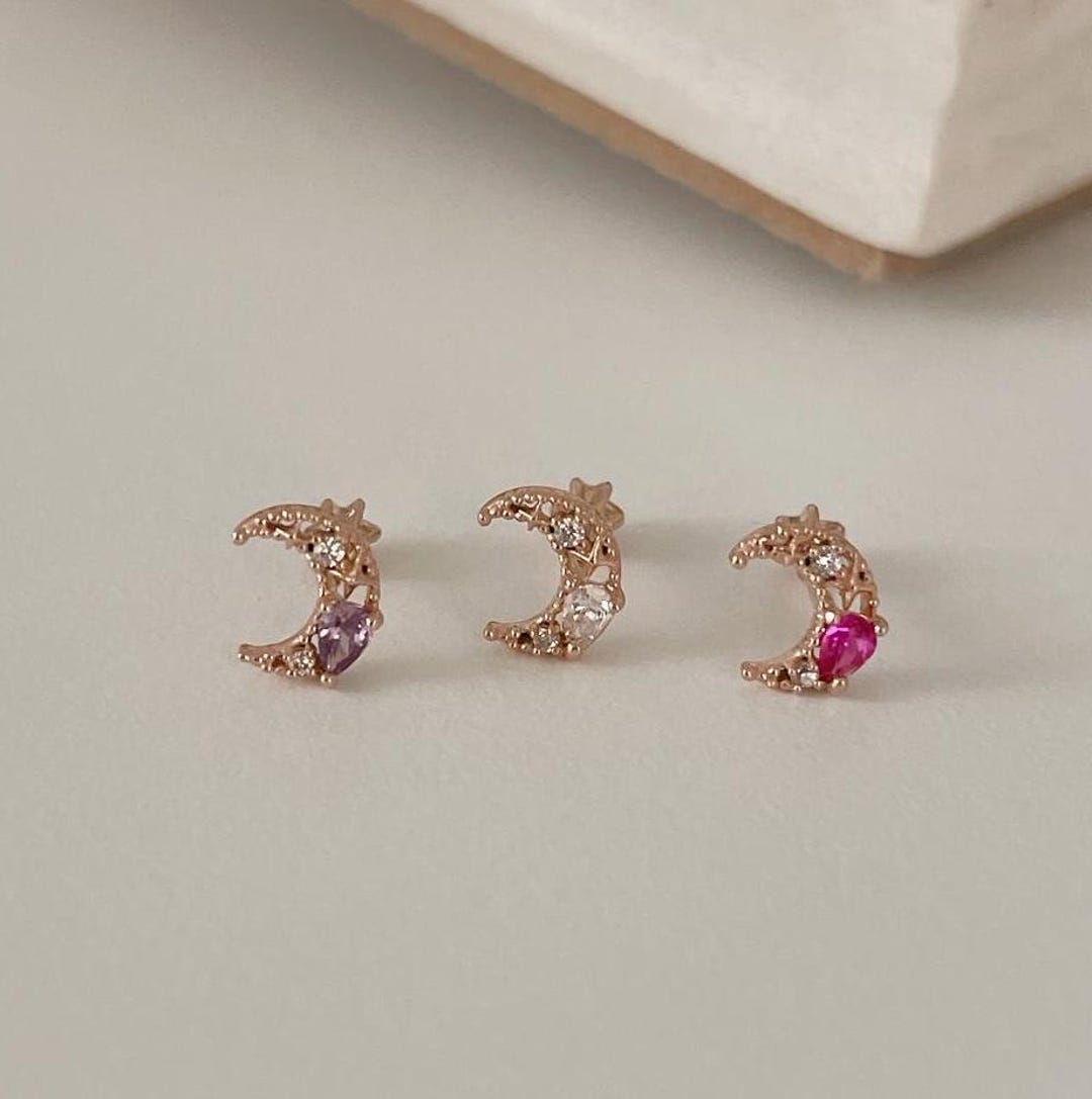 14k Solid Gold Crescent Moon Piercing Screw Back Dainty Minimalist CZ ...