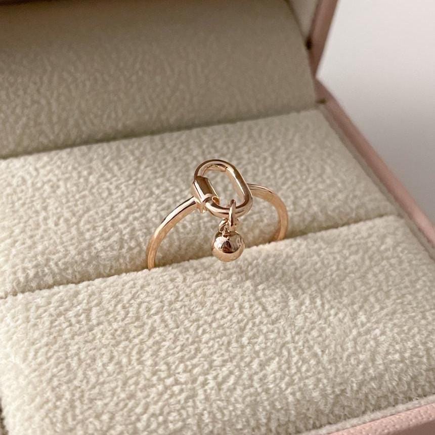 14K Solid Gold Ball Charm Ring Minimalist Dangle Ring Daily Ring Free ...
