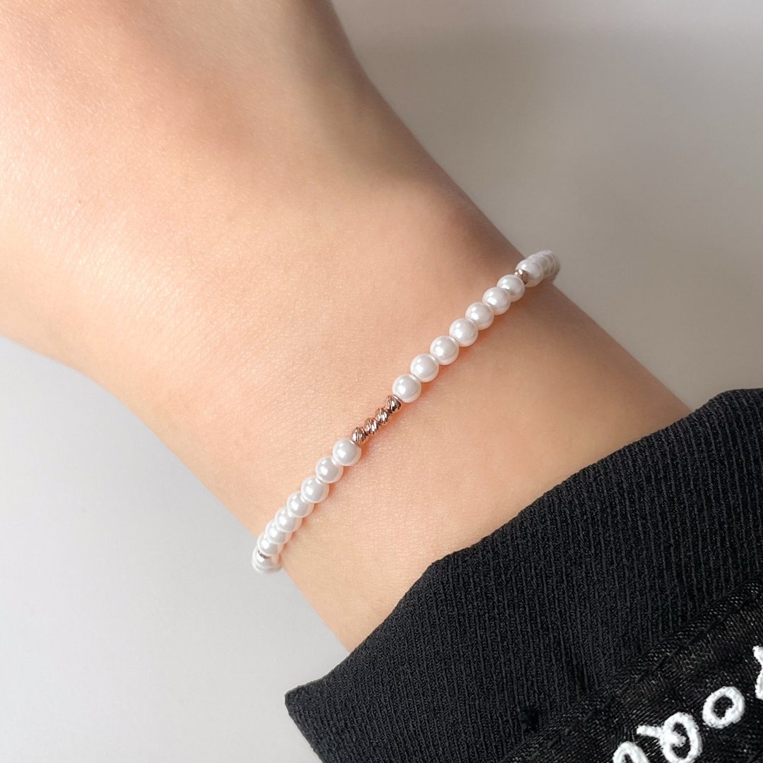 14K Solid Gold Crystal Pearl Bracelet Beed Bracelets Daily Light Weight ...