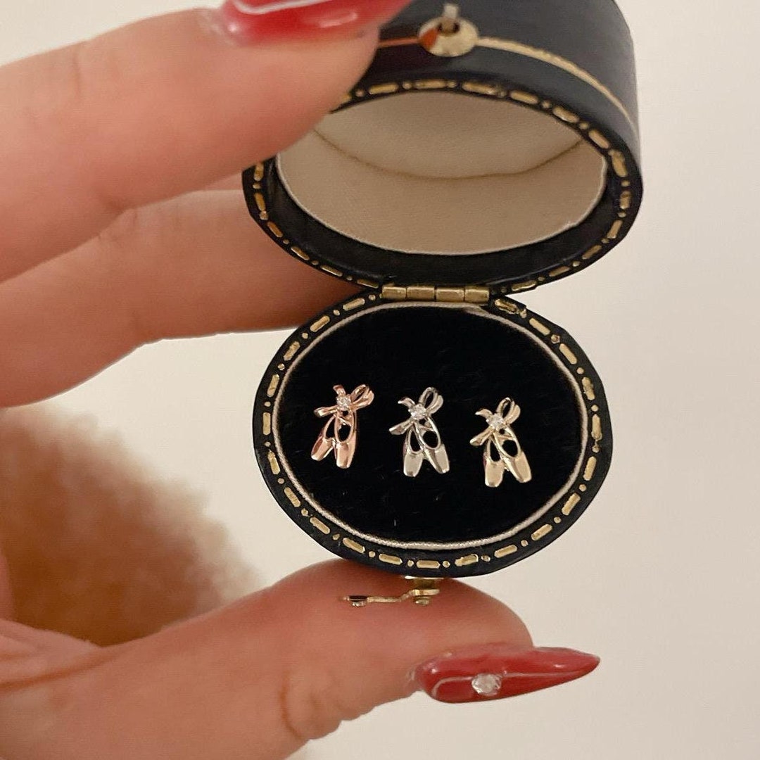 14k Solid Gold Ballerina Shoes Piercing Dancing Shoes Cute Screw Back ...