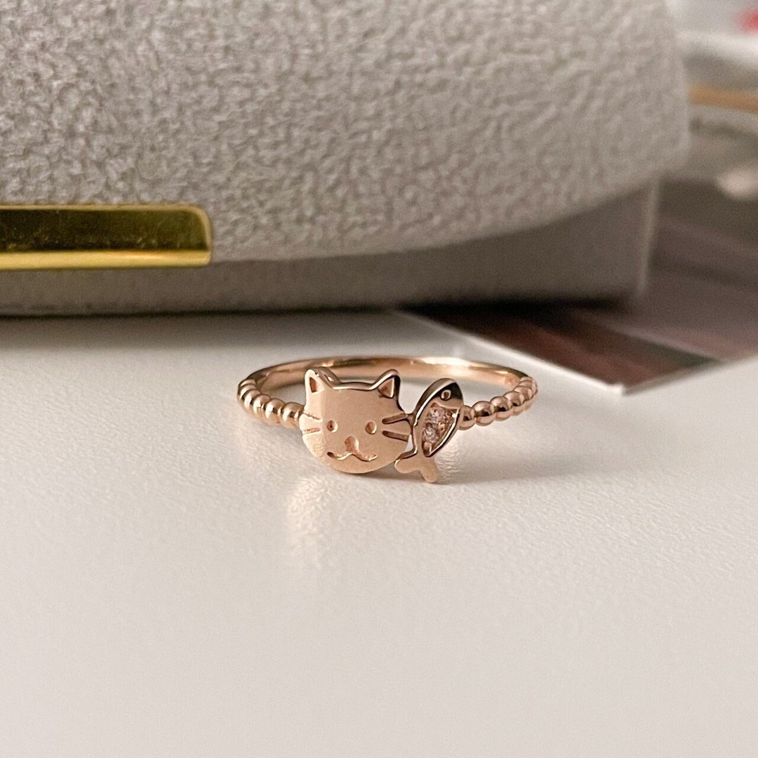 14K Solid Gold Cat Face Ring Dainty Ring Minimalist Ring Kitten Ring ...