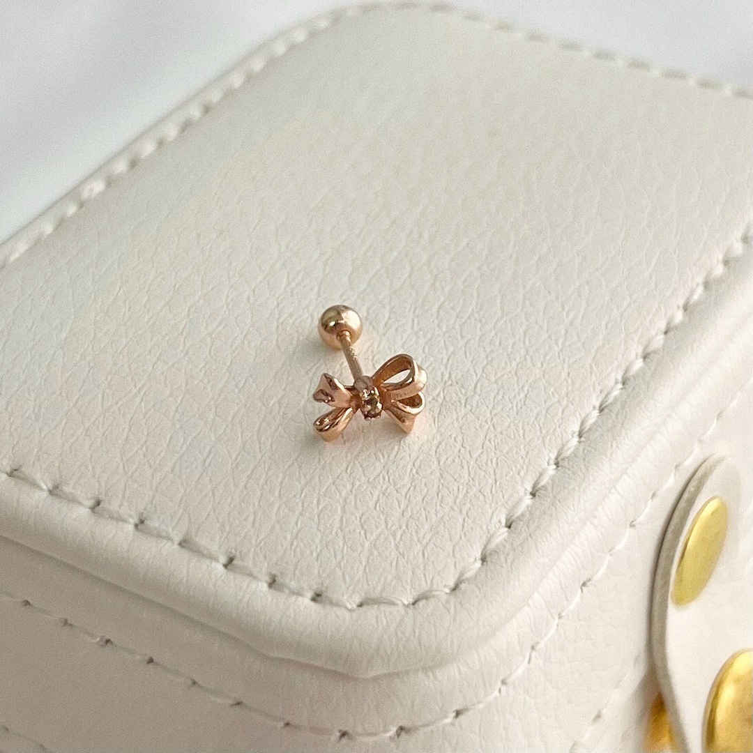 14k Solid Gold Bow Piercing Real Gold Ribbon Piercing Cognac Diamonds ...