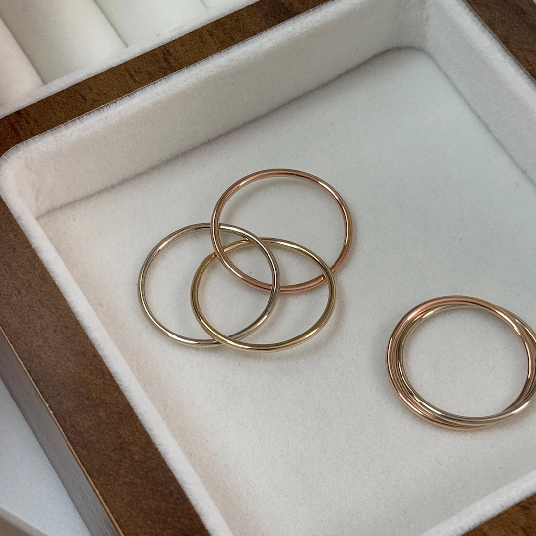 14K Solid Gold 3 Rolling Rings Set Tricolor Three Interlocking Rings ...