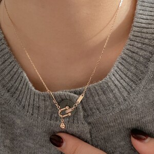 14K Solid Gold Shackle Chain Necklace Ball Dangle Charm Necklace Choker ...