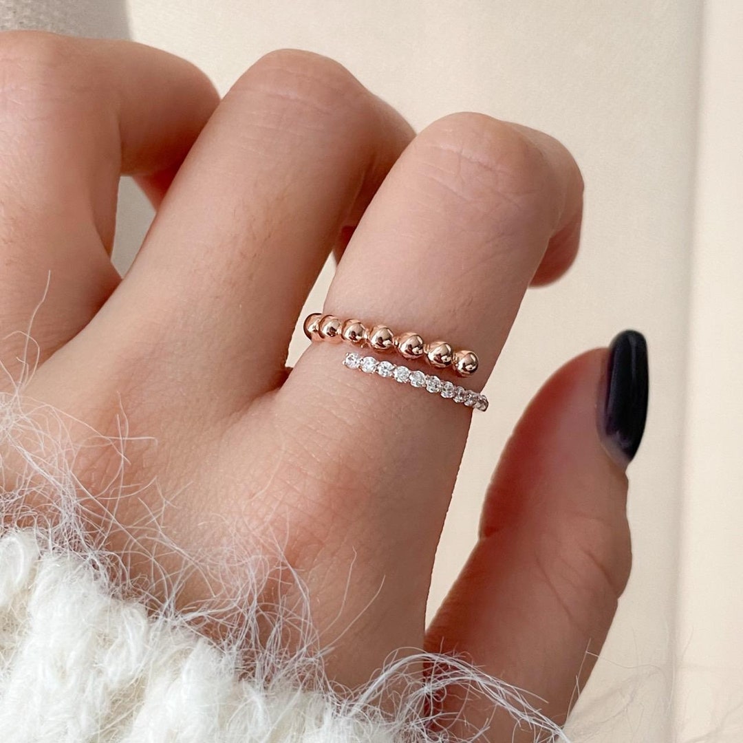 14K Solid Gold Beaded Open Cuff Ring Dainty Stacking Ring Unique Open ...