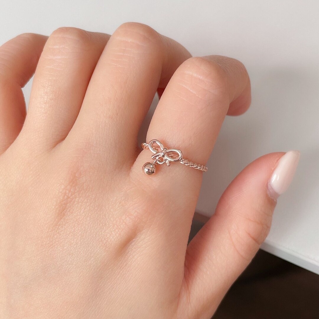 14K Solid Gold Bow Charm Ring Minimalist Ribbon Dangle Ring Daily Ring Free Movement Ring Real ...