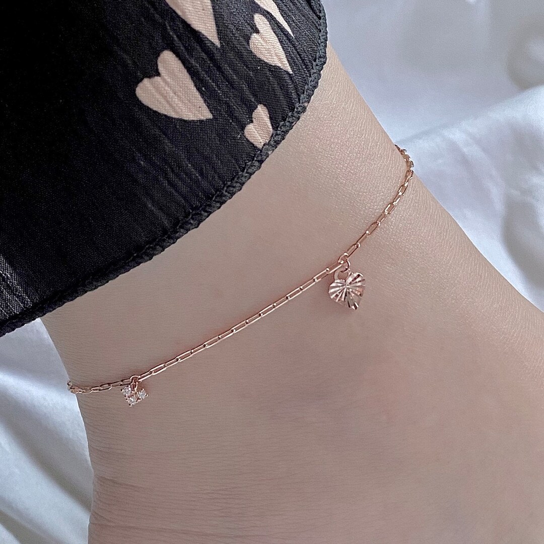 14K Solid Gold Heart Charm Anklet Gold Chain Anklet Heart Chain ...