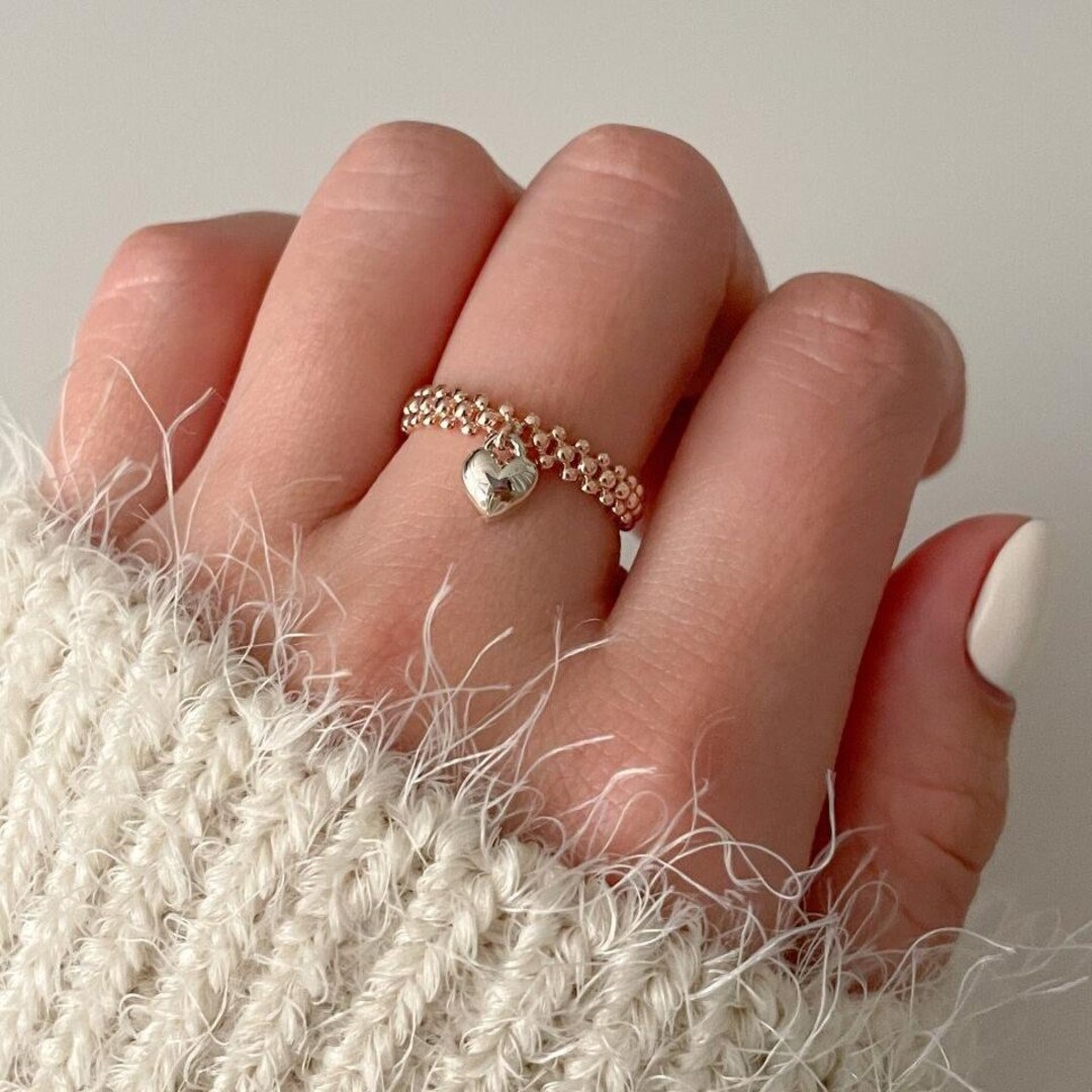 14K Solid Gold Heart Dangle Ring Dainty Hearts Ring Heart Chain Ring ...