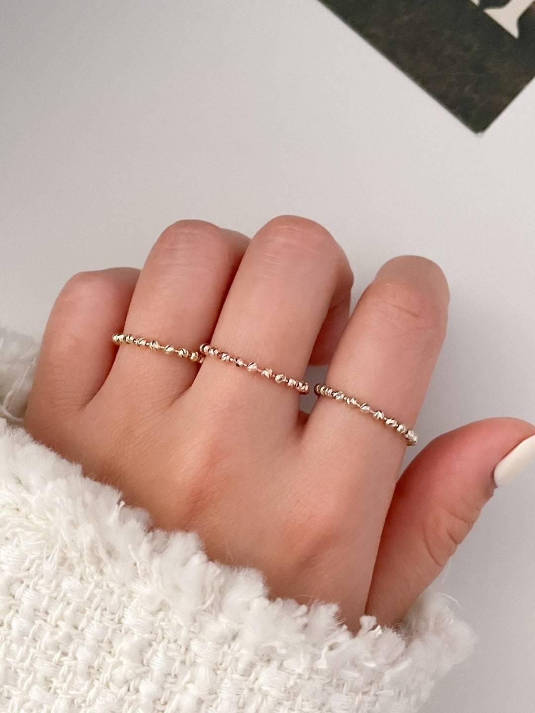 14K Solid Gold Beaded Chain Ring Dainty Real Gold Ball Bead Stackable ...