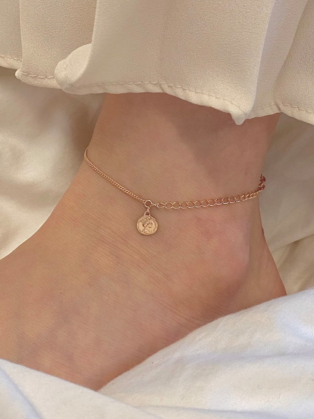 14K Solid Gold Coin Ankle Bracelet Coin Charm Anklet Gold Disc Chain ...