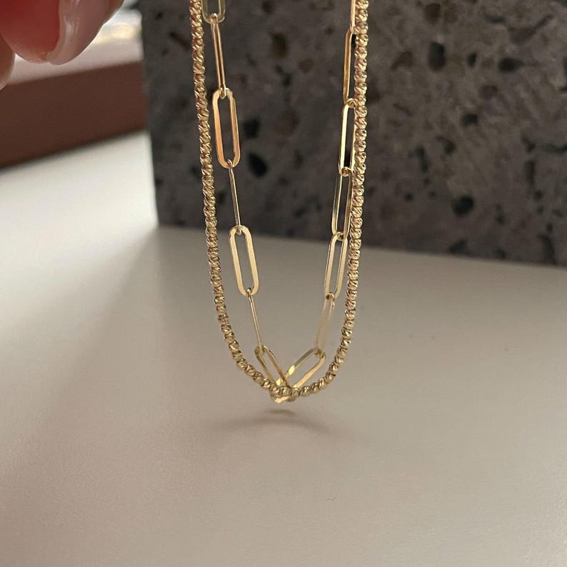 14K Solid Gold Two Rows Layered Chain Bracelet Multi Chain Bracelet ...