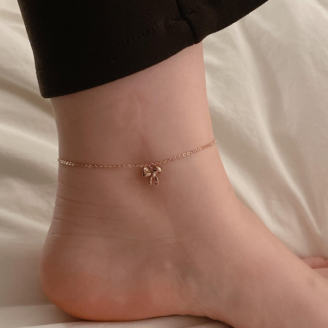 14K Solid Gold Bow Anklet Dainty Ribbon Bow Ankle Bracelet Real Gold ...