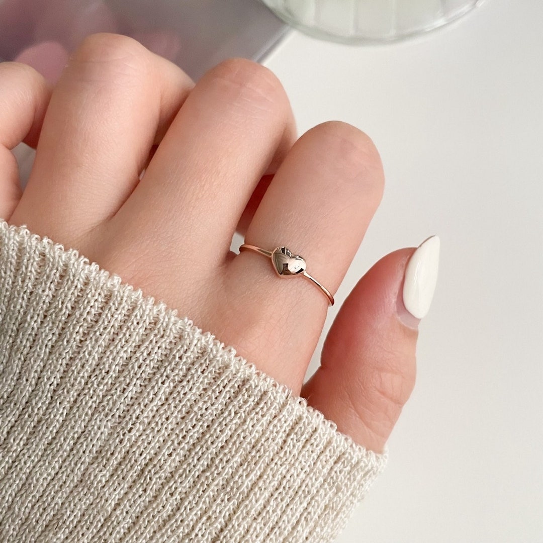 Promise Heart Ring 14K Solid Gold Puffed Heart Ring Minimalist Slim ...