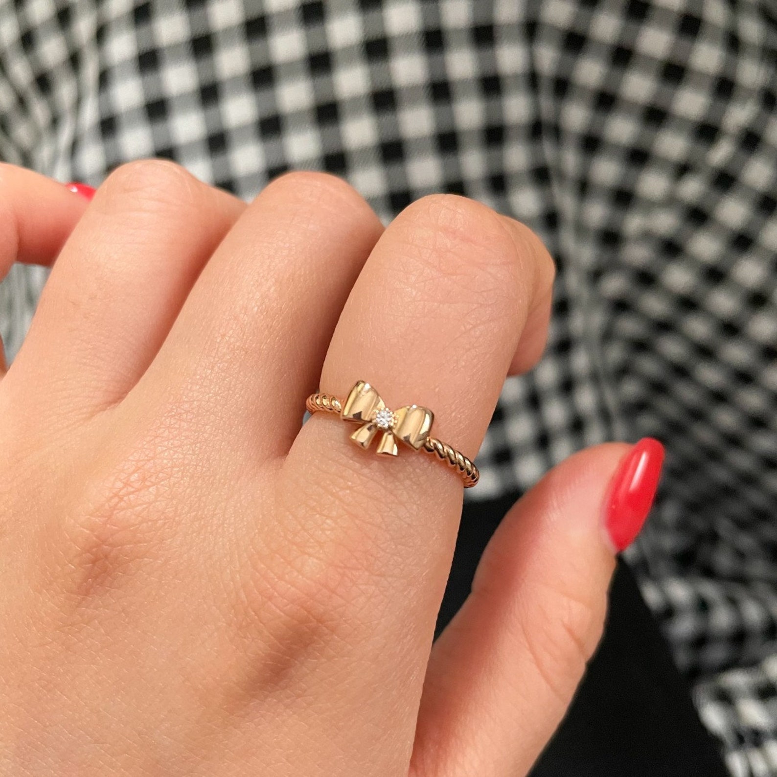 14K Solid Gold Bow Ring Minimalist Rings Classic Little Bow Ring Work Simple Ribbon Ring Daily ...