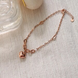 14K Solid Gold Puffy Heart Charm Hollow Bracelets Delicate Chain ...