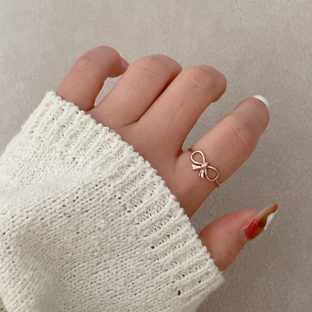 14K Solid Gold Bow Ring Minimalist Rings Classic Little Bow Ring ...