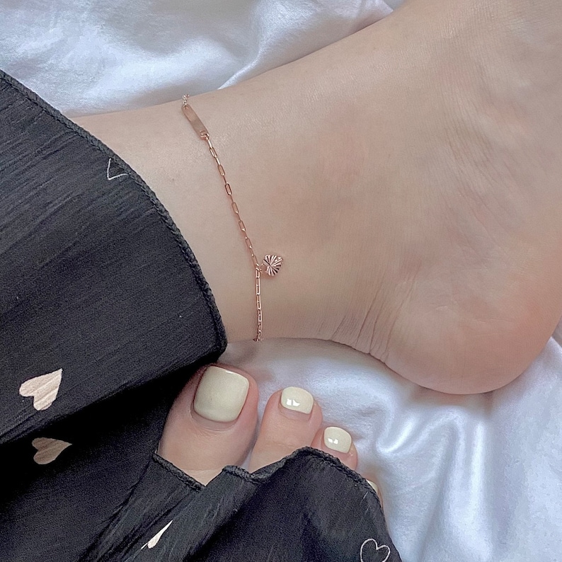 14K Solid Gold Heart Charm Anklet Gold Chain Anklet Heart Chain ...