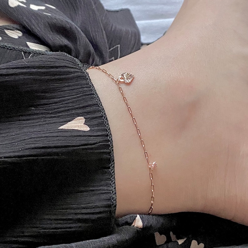 14K Solid Gold Heart Charm Anklet Gold Chain Anklet Heart Chain ...