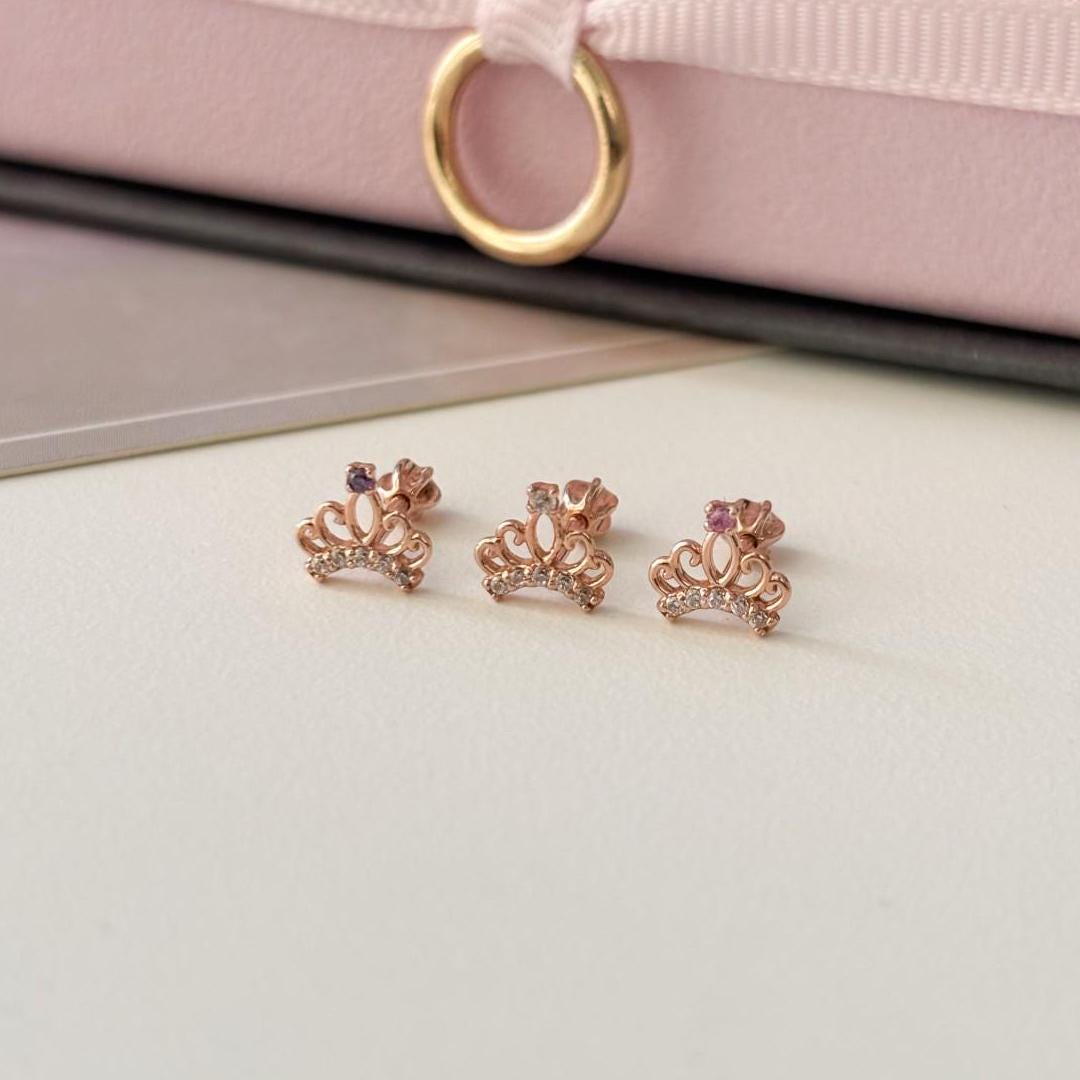 14k Solid Gold Crown Piercings Screw Back Dainty Minimalist CZ Piercing ...