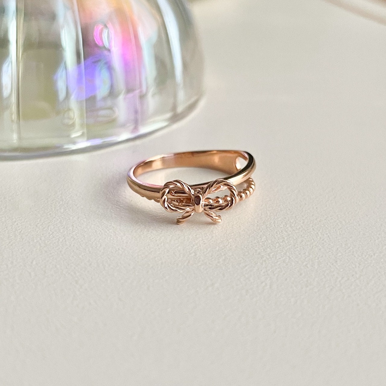 14K Solid Gold Double Layer Bow Ring Minimalist Rings Delicate Ribbon ...