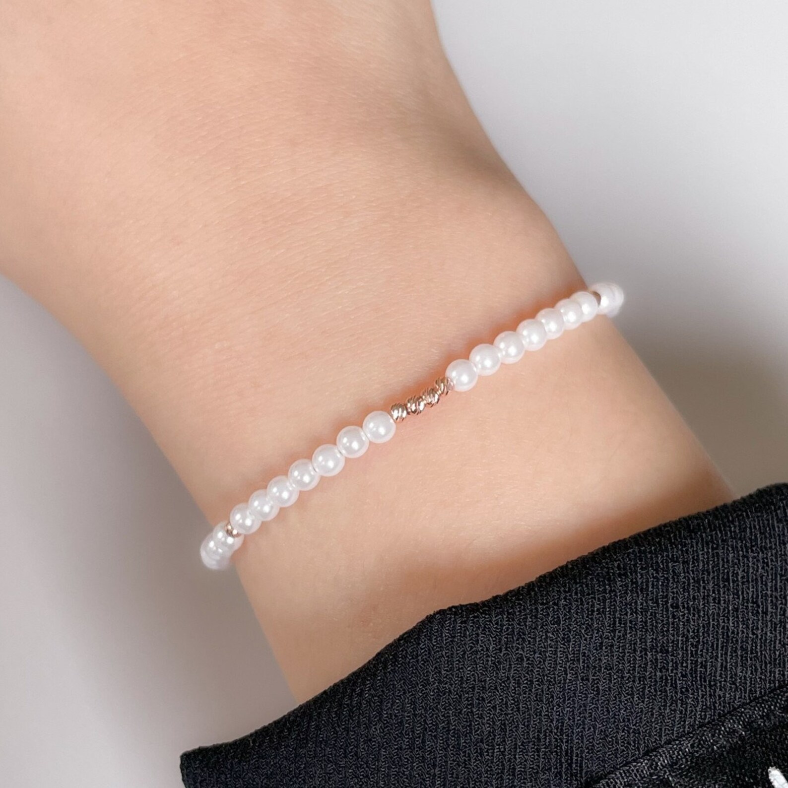 14K Solid Gold Crystal Pearl Bracelet Beed Bracelets Daily Light Weight ...