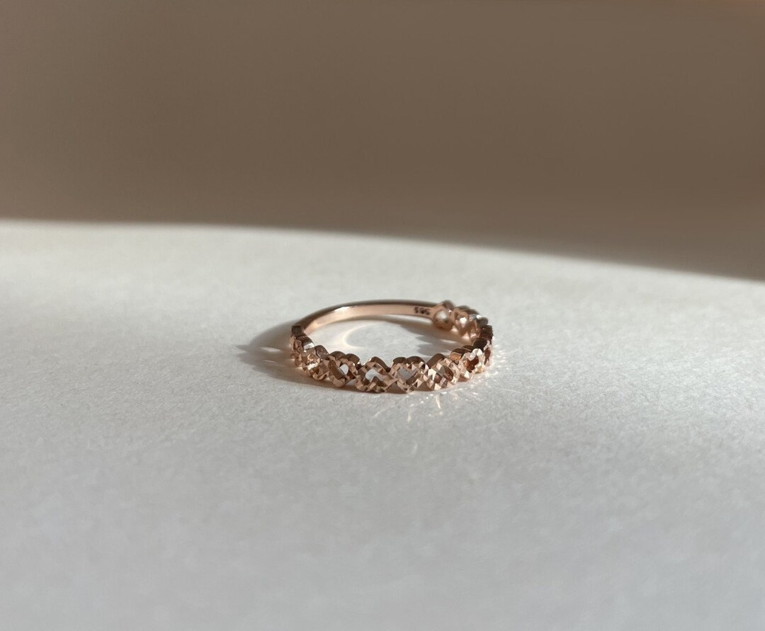 Heart Chain Ring 14K Solid Gold Dainty Hearts Ring Layering Stacking ...