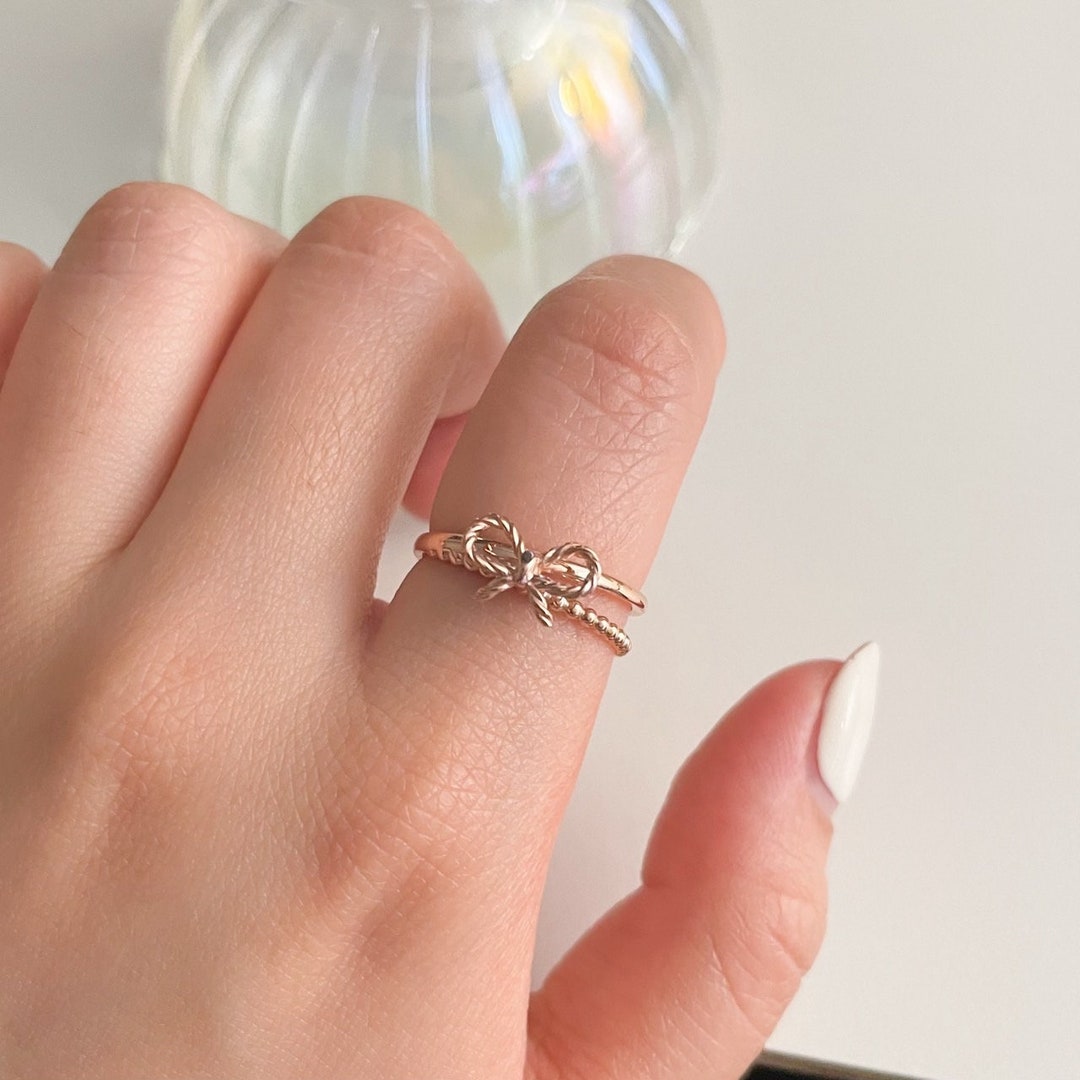 14K Solid Gold Double Layer Bow Ring Minimalist Rings Delicate Ribbon ...