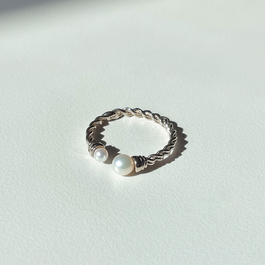 14K Solid Gold Pearl Open Ring Gemstone Vintage Twist Ring Old Money ...