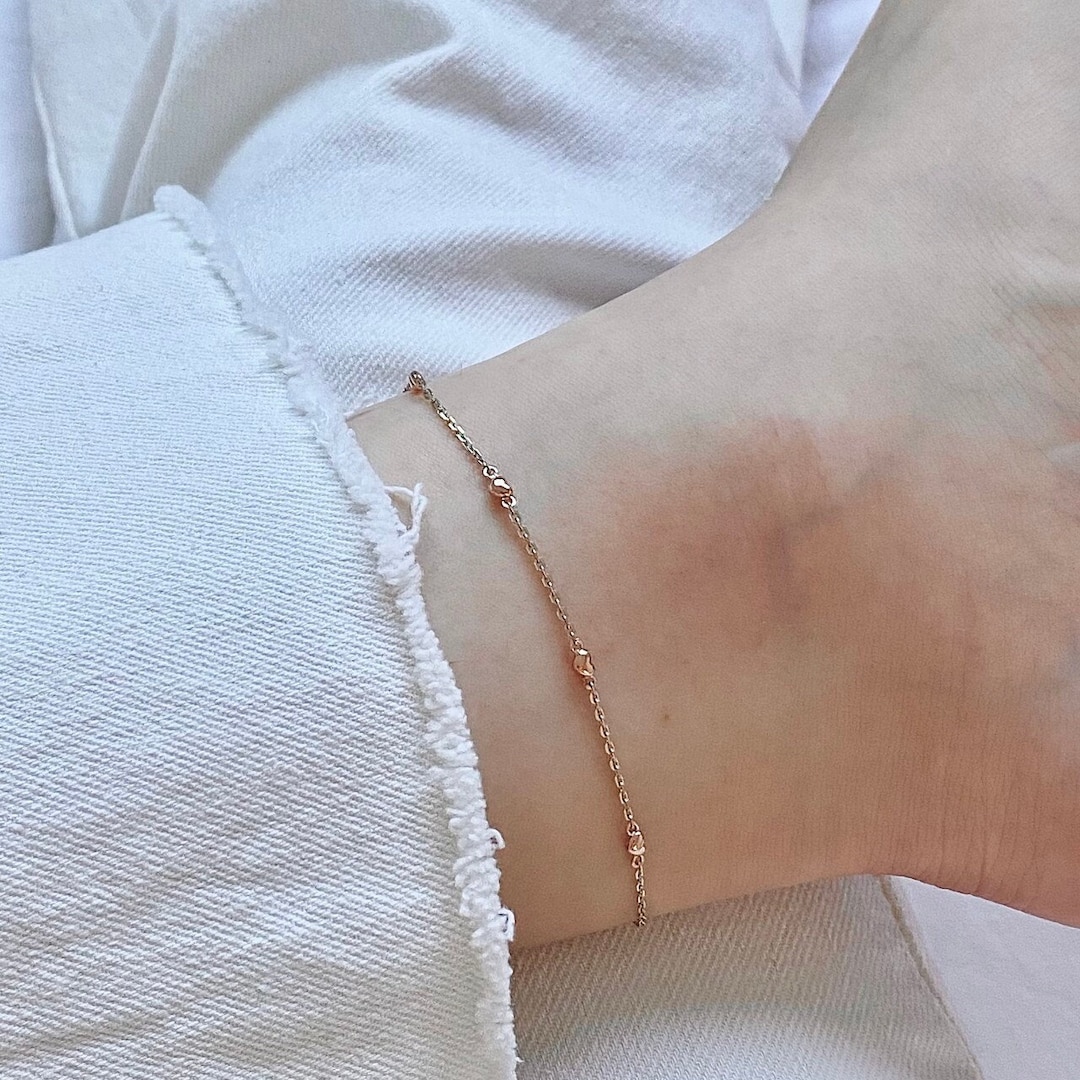 14K Solid Gold Heart Station Anklet Gold Chain Anklet Heart Chain ...