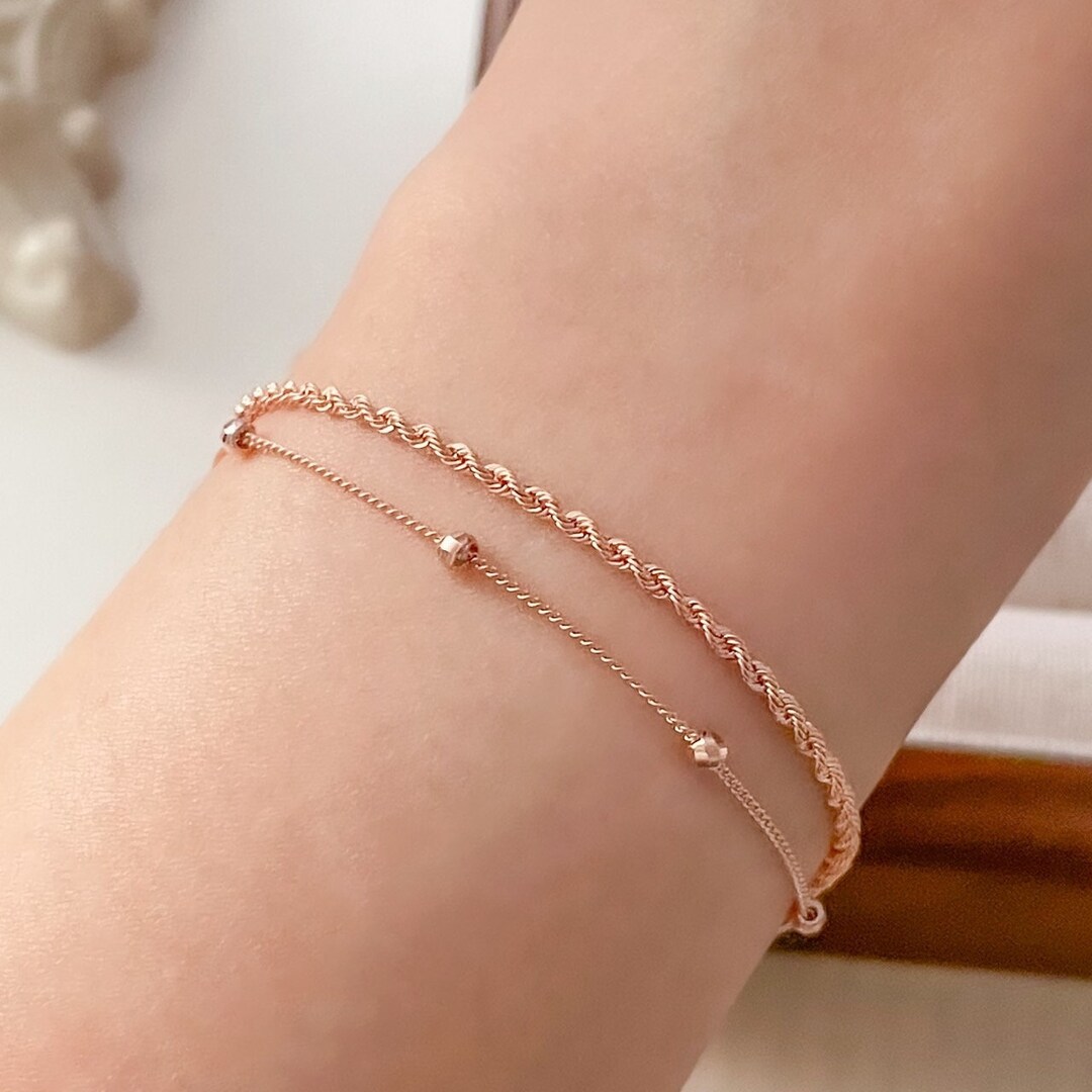 14K Solid Gold Two Rows Chain Bracelet Italian Balls Dainty Chain ...