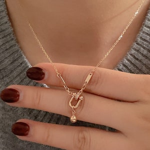 14K Solid Gold Shackle Chain Necklace Ball Dangle Charm Necklace Choker ...