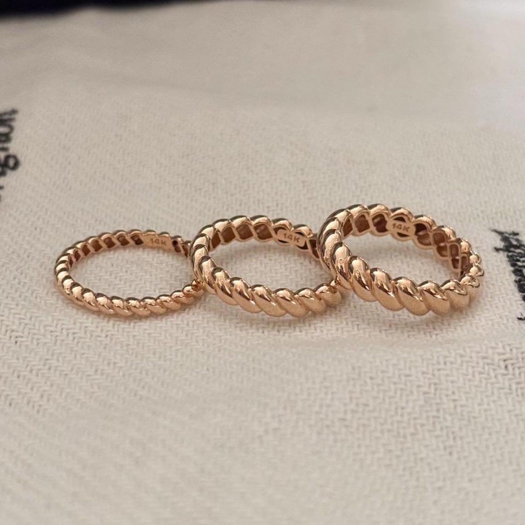 14K Solid Gold Twisted Rope Ring Dainty Stacking Ring Braided Ring ...