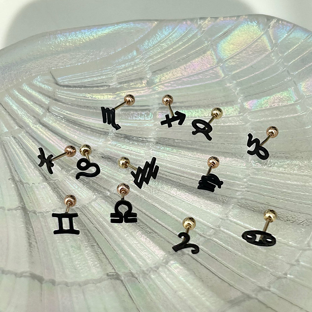 14K Solid Gold Zodiac Sign Piercing Black Gold Constellation Earrings ...