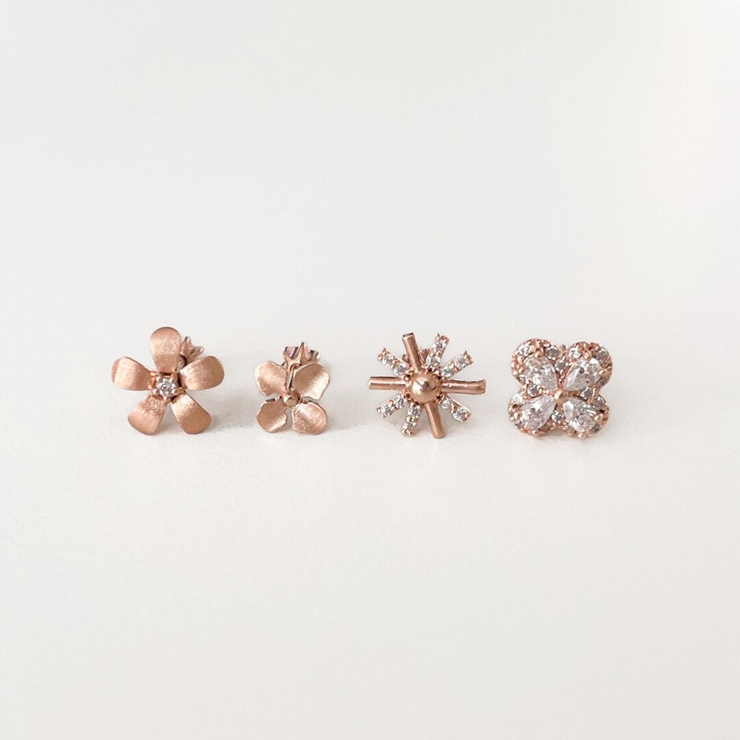 14k Solid Gold Minimalist Flower Piercing Screw Back Sun Piercing ...