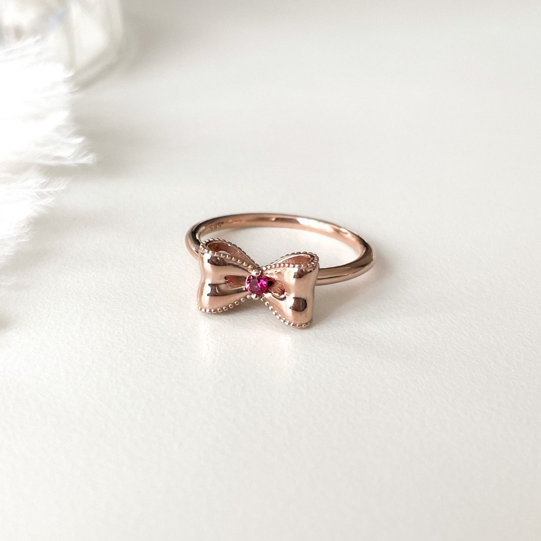 14K Solid Gold Bow Ring Minimalist Rings Ruby CZ Classic Little Bow ...